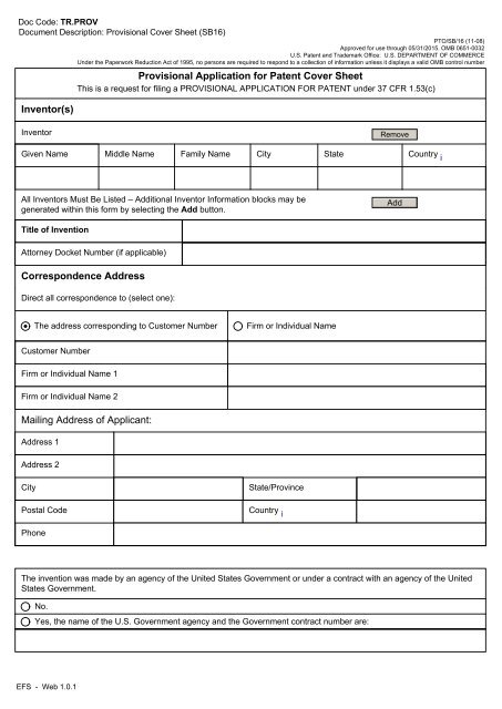 Provisional Application for Patent Cover Sheet Inventor(s ...