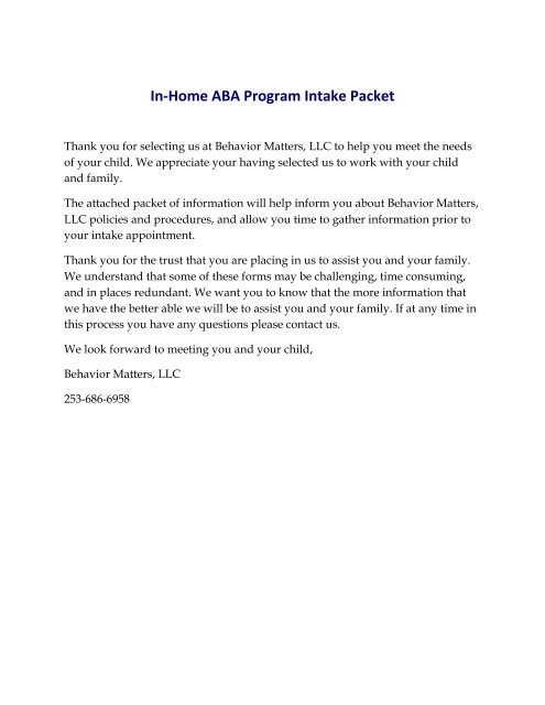 In-‐Home ABA Program Intake Packet - behaviormattersllc