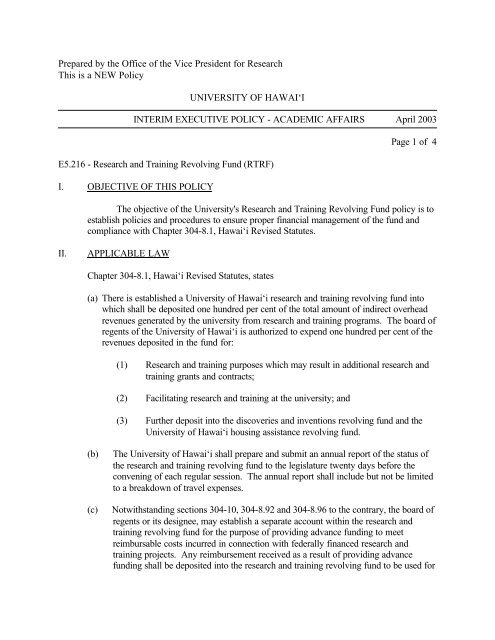Research and Training Revolving Fund - University of Hawaii