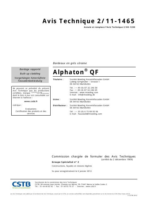Avis Technique 2/11-1465 Alphaton QF - Moeding Keramikfassaden ...