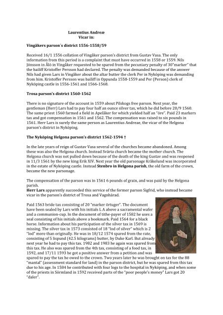 Laurentius Andreæ Vicar in - The Sabelskjold Family Society