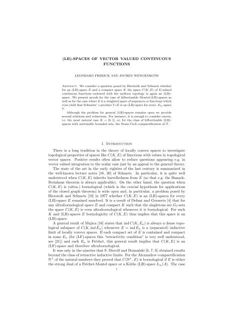 (LB)-SPACES OF VECTOR VALUED CONTINUOUS FUNCTIONS 1 ...