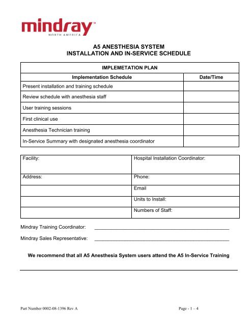 a5 anesthesia system installation and in-service schedule - Mindray