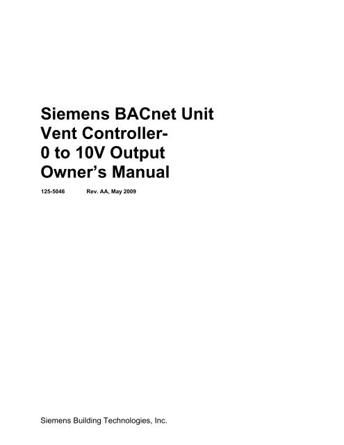 Siemens BACnet Unit Vent Controller Owners Manual