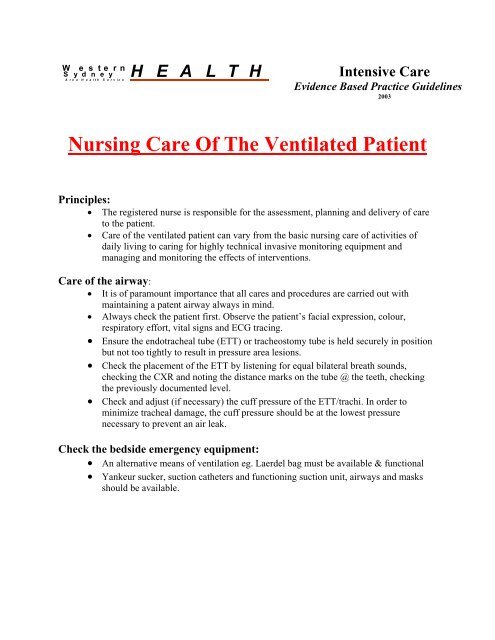 Nursing care of the ventilated patient (SWAHS) - Intensive