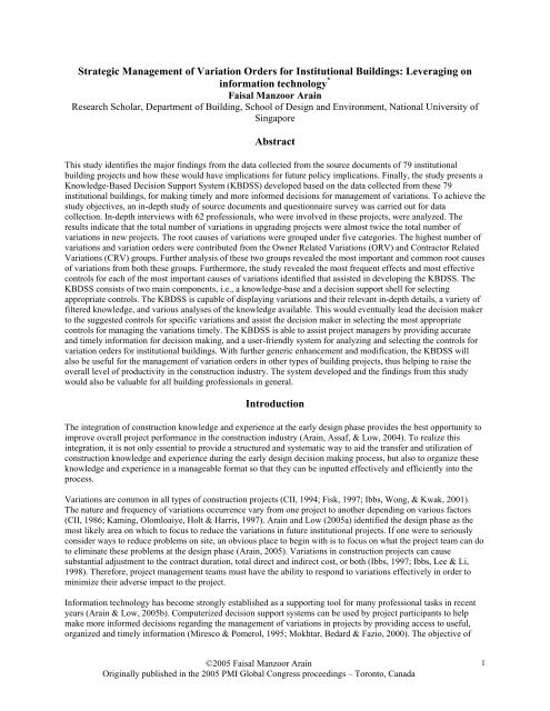 Strategic Management of Variation Orders for Institutional - Project ...