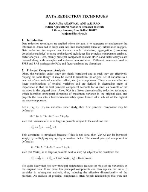 DATA REDUCTION TECHNIQUES - IASRI DATA REDUCTION TECHNIQUES - IASRI