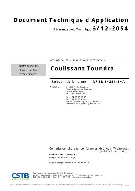 Document Technique d'Application Coulissant Toundra - CSTB