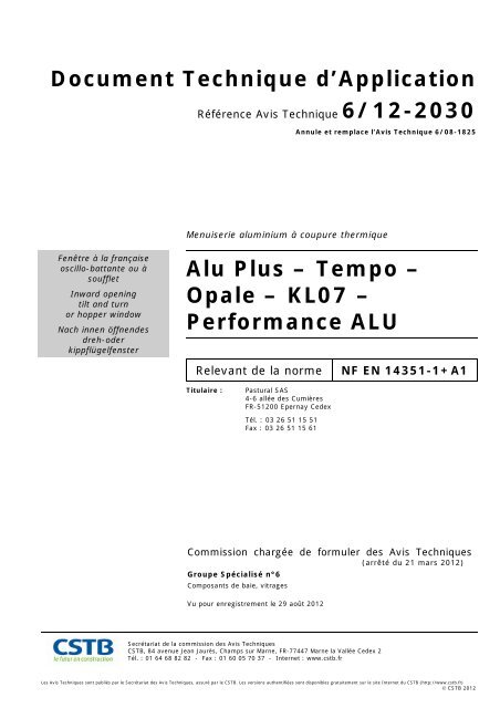 Opale – KL07 – Performance ALU - CSTB