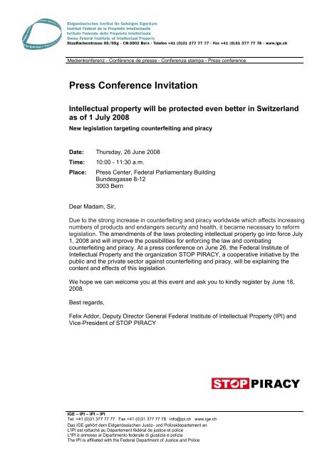 Press Conference Invitation: Intellectual property will ... - Stop Piracy