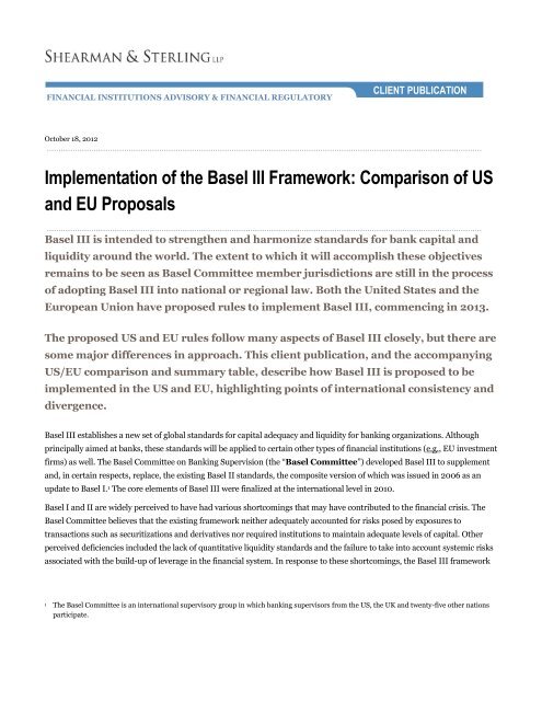 Implementation of the Basel III Framework - Shearman & Sterling