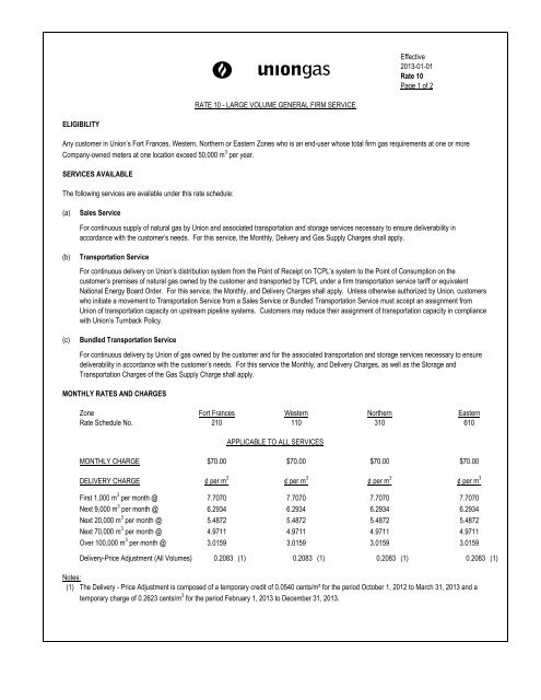 Rate 10 Schedule - Union Gas Limited