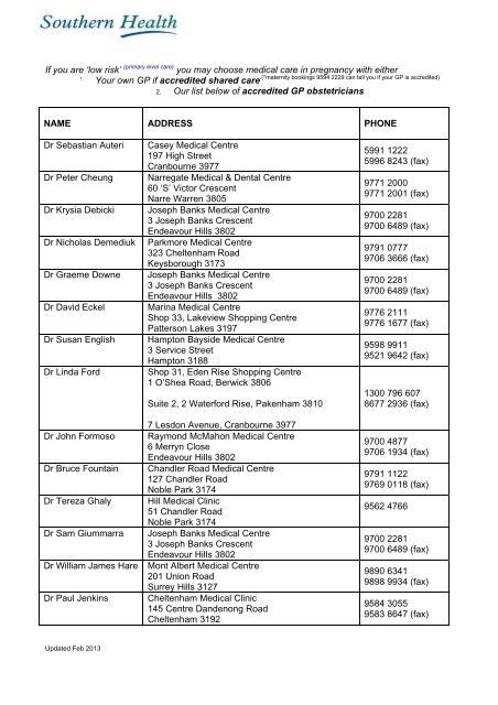 GP Obstetrician list - Southern Health