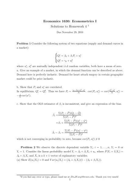 Economics 1630: Econometrics I Solutions to Homework 4 1