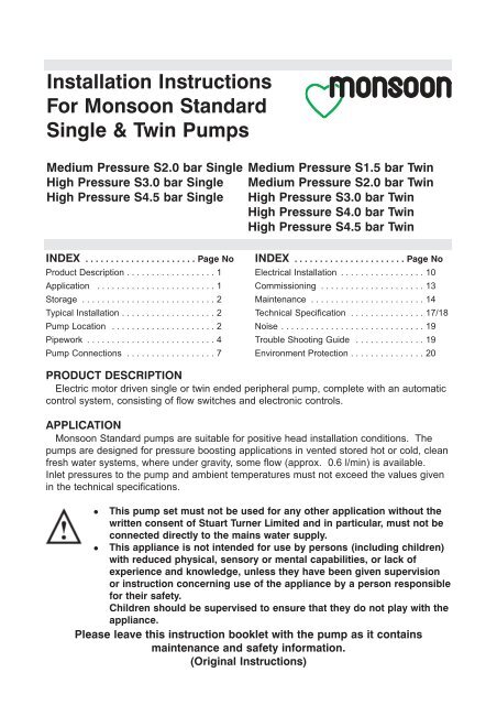 Installation Instructions For Monsoon Standard Single & Twin Pumps