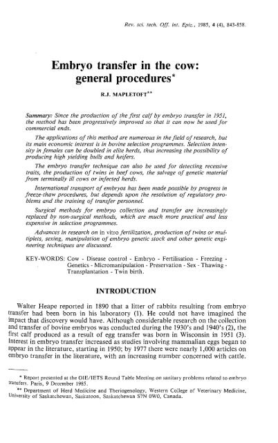 Embryo transfer in the cow: general procedures* - OIE