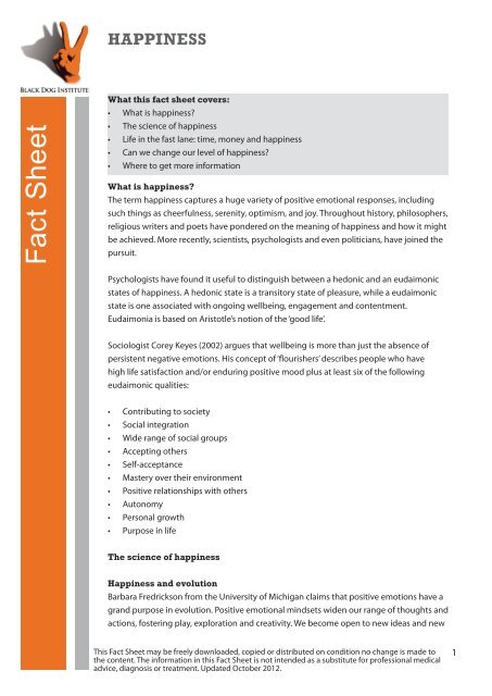 Fact sheet: Happiness - Black Dog Institute
