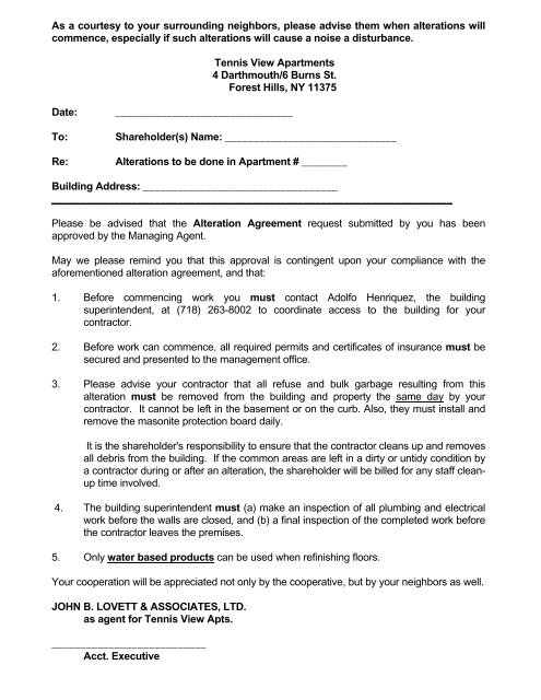 Alteration Agreement - The Lovett Group of Real Estate Companies