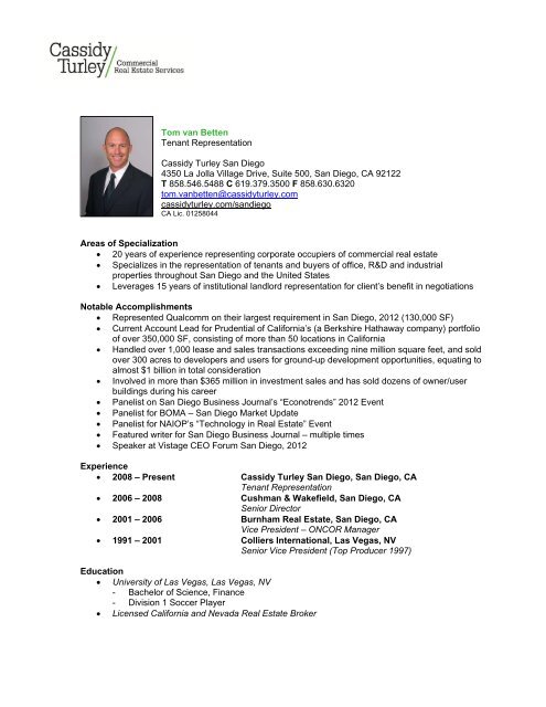Tom van Betten Tenant Representation Cassidy Turley San Diego ...