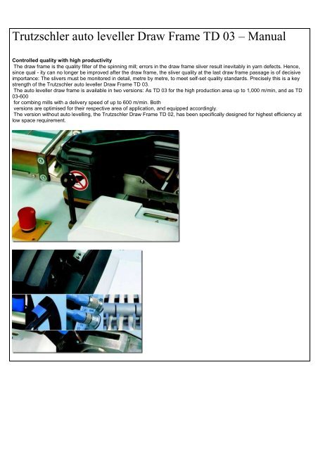 Trutzschler auto leveller Draw Frame TD 03 Œ Manual - Cotton Yarn ...