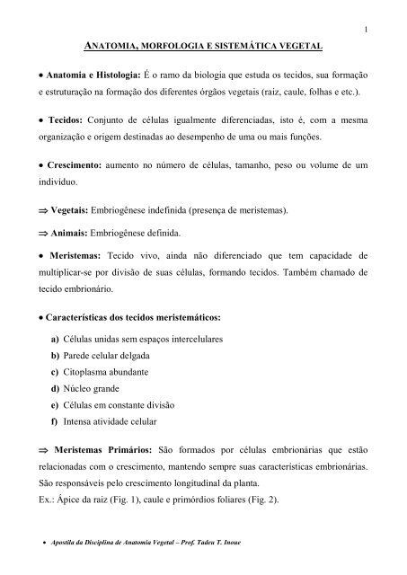 ANATOMIA, MORFOLOGIA E SISTEMÁTICA VEGETAL