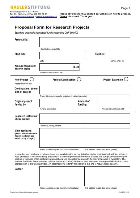Proposal Form for Research Projects - Hasler Stiftung
