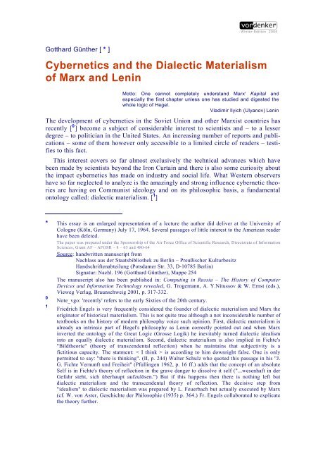 Cybernetics and the Dialectic Materialism of Marx and Lenin