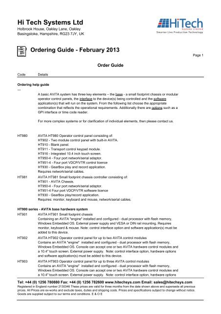 Order Guide - Hi Tech Systems