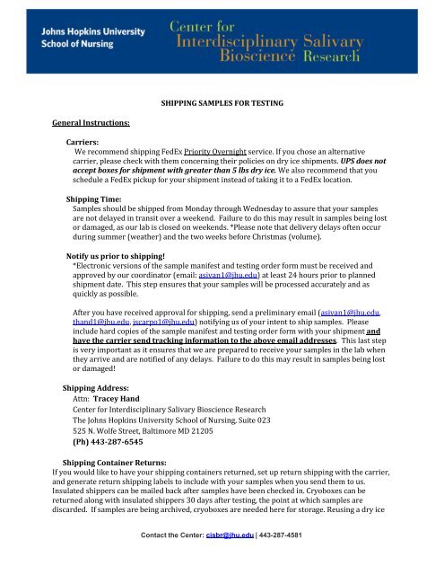 shipping samples for testing - Johns Hopkins University School of ...