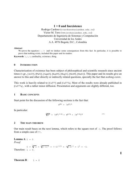 1 = 0 and Inexistence - Sistemas - Universidad de los Andes