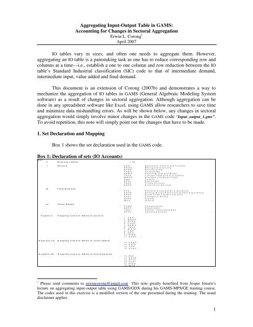 1 Aggregating Input-Output Table in GAMS: Accounting ... - PEP-NET