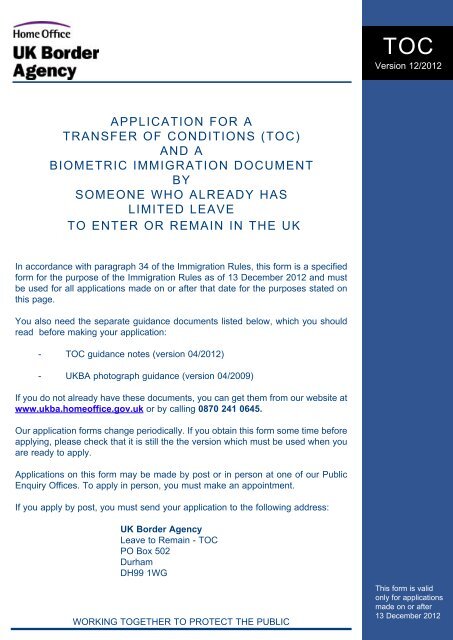 Form TOC - UK Border Agency - Home Office