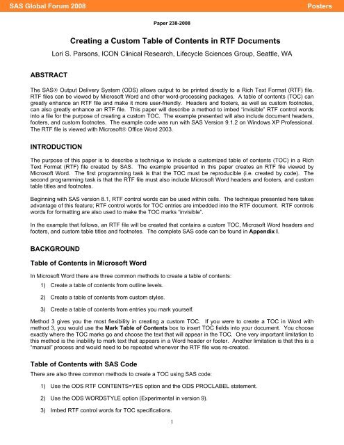 238-2008: Creating a Custom Table of Contents in RTF Documents - SAS