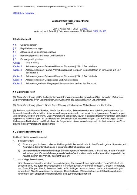 Lebensmittelhygiene-Verordnung (LMHV) Inhaltsübersicht § 1 ...