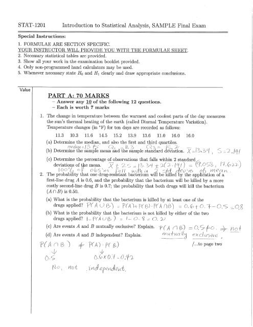 STAT—1201 Introduction to Statistical Analysis, SAMPLE Final Exam