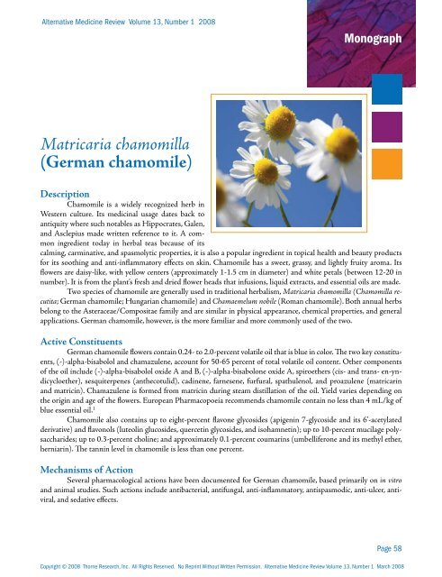 (German chamomile) Monograph - Alternative Medicine Review