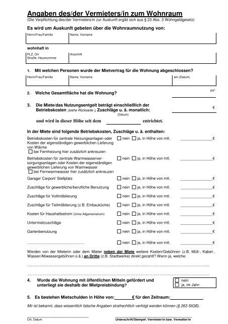 Anlage Angaben des Vermieters zum Wohnraum (Mietbescheinigung)