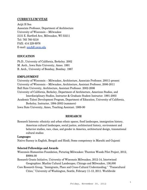 Arijit Sen - Curriculum Vitae - Department of ... - UW-Milwaukee