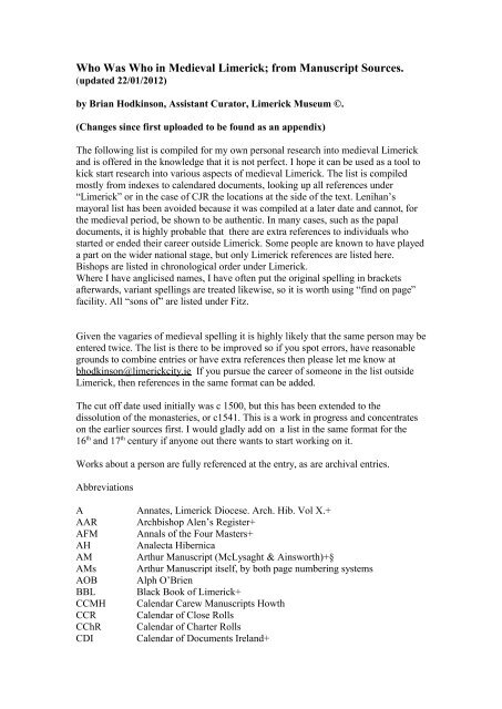 Who Was Who in Medieval Limerick - Limerick City Council