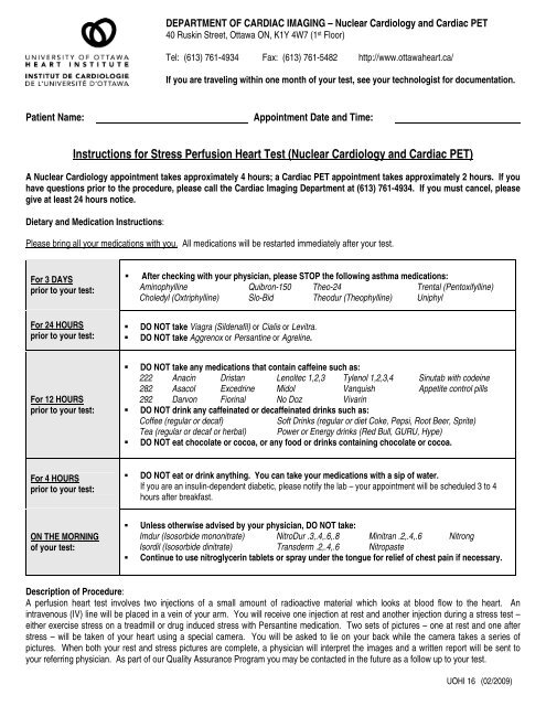 Instructions for Stress Perfusion Heart Test