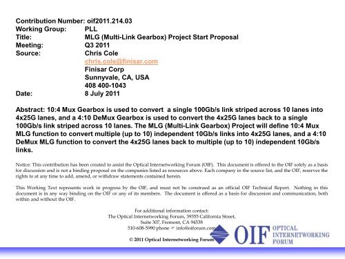 MLG (Multi-Link Gearbox) - CFP Multi-Source Agreement