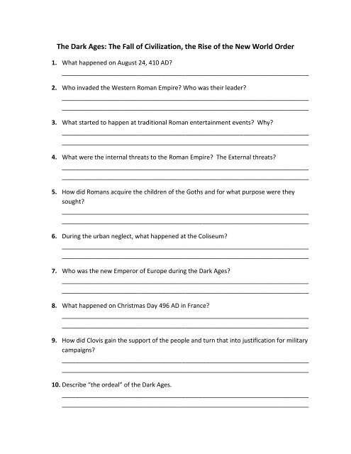 Dark Ages Worksheet - The Lesson Locker