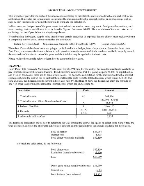 Indirect Cost Calculation Worksheet - The Charles A. Dana Center
