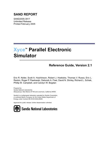 Xycetm Parallel Electronic Simulator Xyce Sandia National 