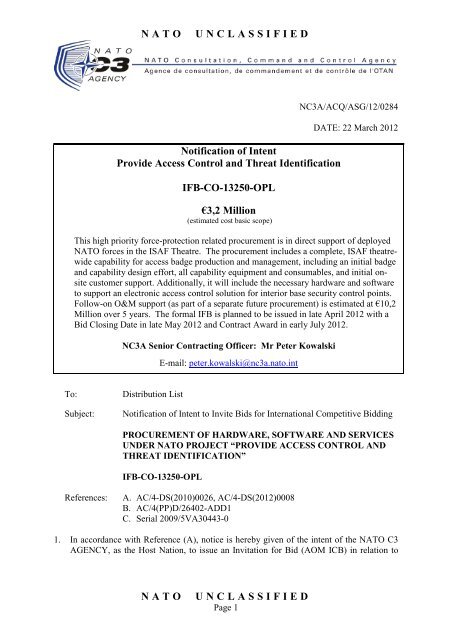 NATO UNCLASSIFIED NATO UNCLASSIFIED Notification of Intent ...