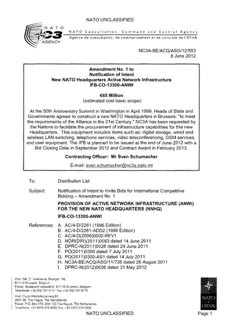 NATO UNCLASSIFIED • NATO AGENCY Amendment No. 1 to ...