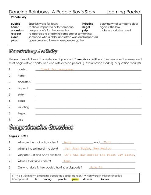 Dancing Rainbows: A Pueblo Boy's Story Learning Packet