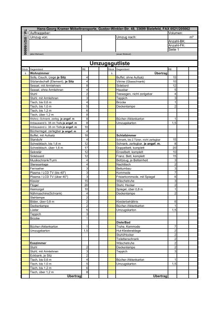 Umzugsgutliste 20091 - Kramer Umzüge