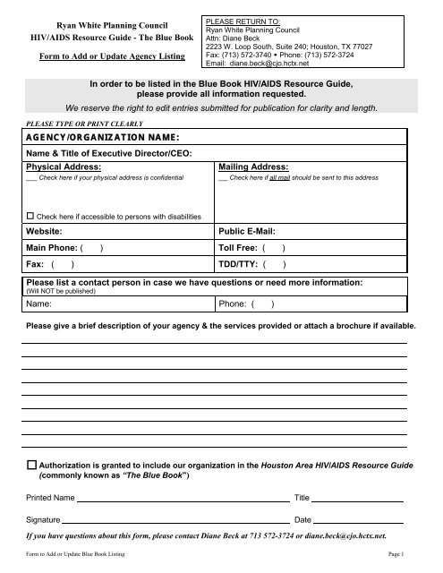 Blue Book Form for Inclusion or Update - Ryan White Planning Council