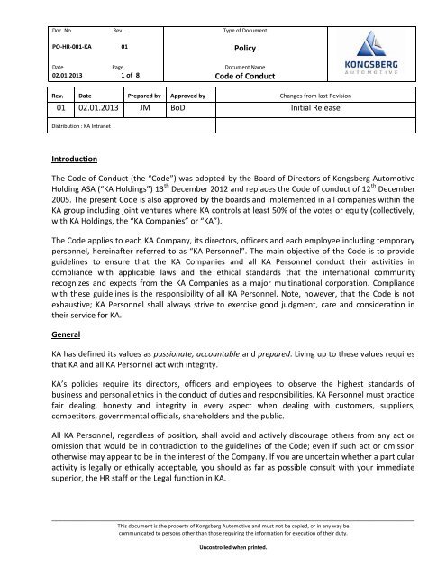 Code of Conduct - Kongsberg Automotive